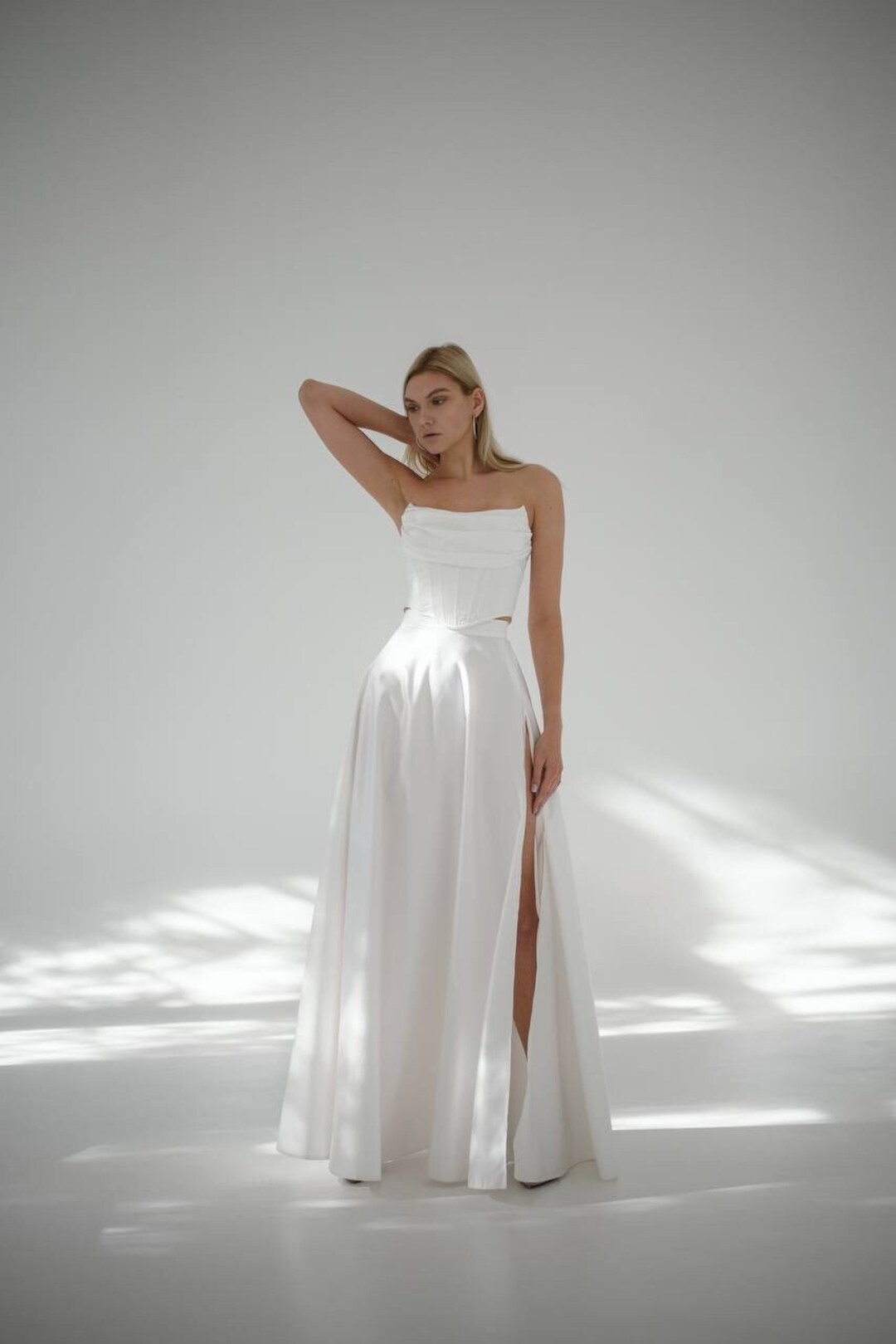 Of the Shoulder Wedding Corset Top, Bridal White Skirt With Height Leg ...