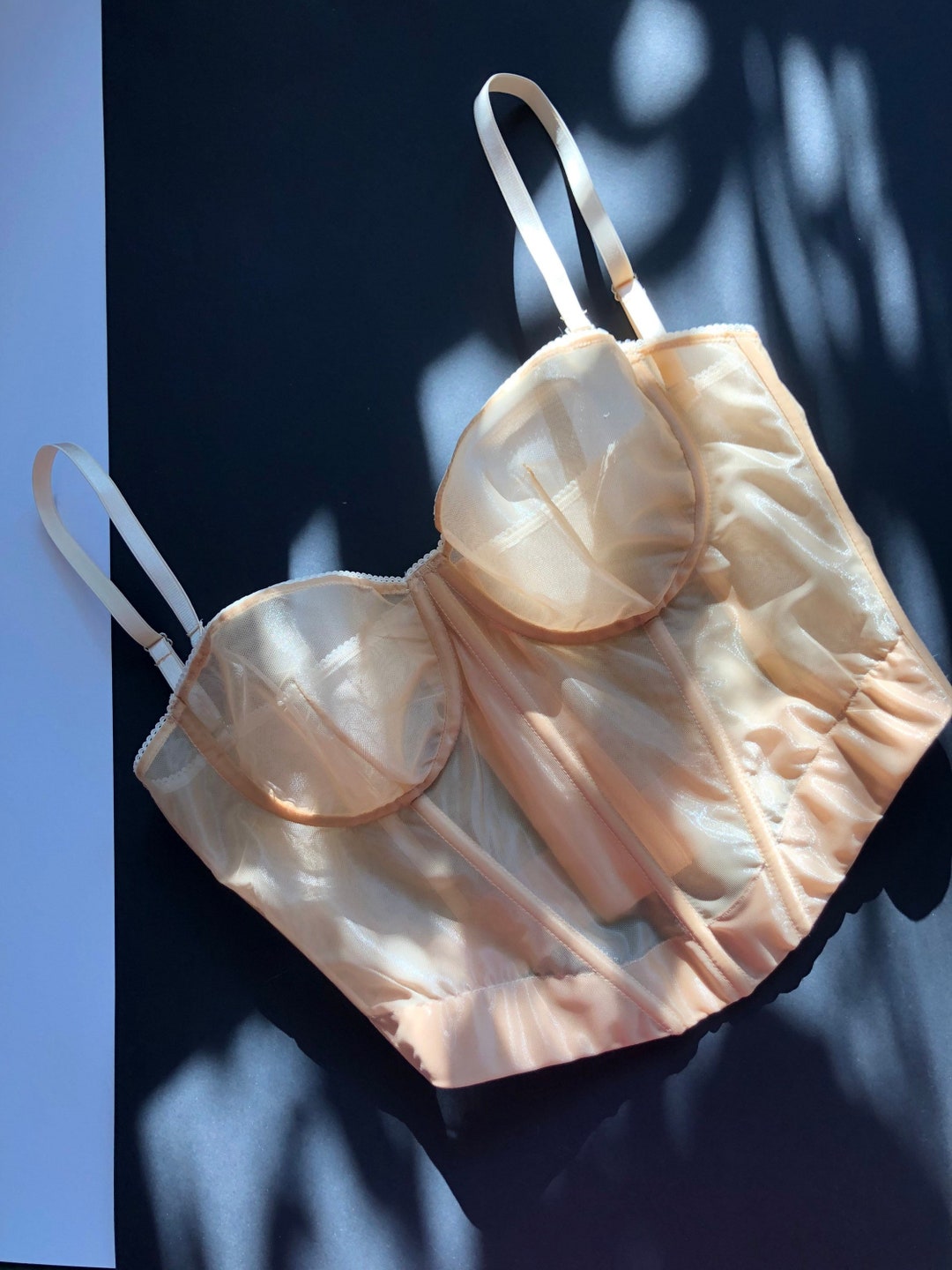 Beige Corset Top With Soft See Through Cups, Mesh Bustier Custom Corset ...