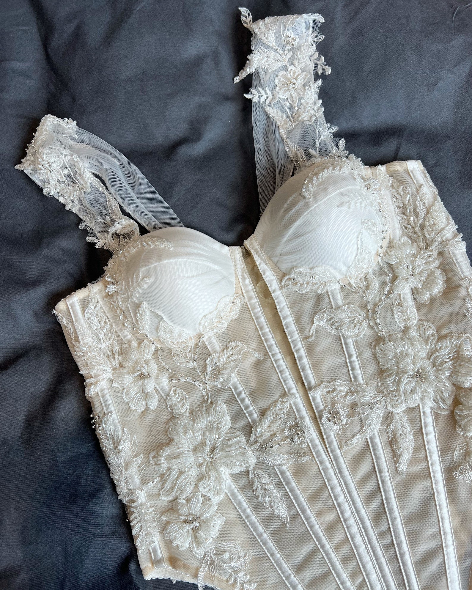 Ivory Mesh Corset Top With Satin Cups Flower Embroidery White - Etsy