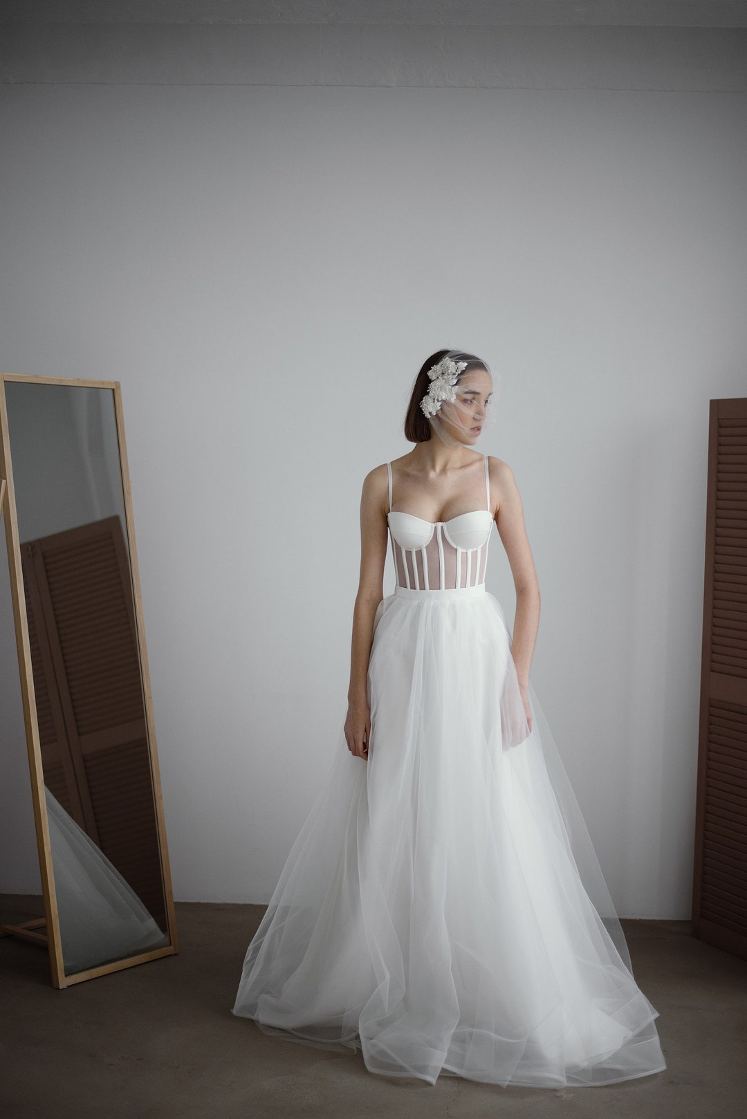 Ivory Mesh Corset Top With Satin Cups, White Lacing Back Wedding Bridal ...