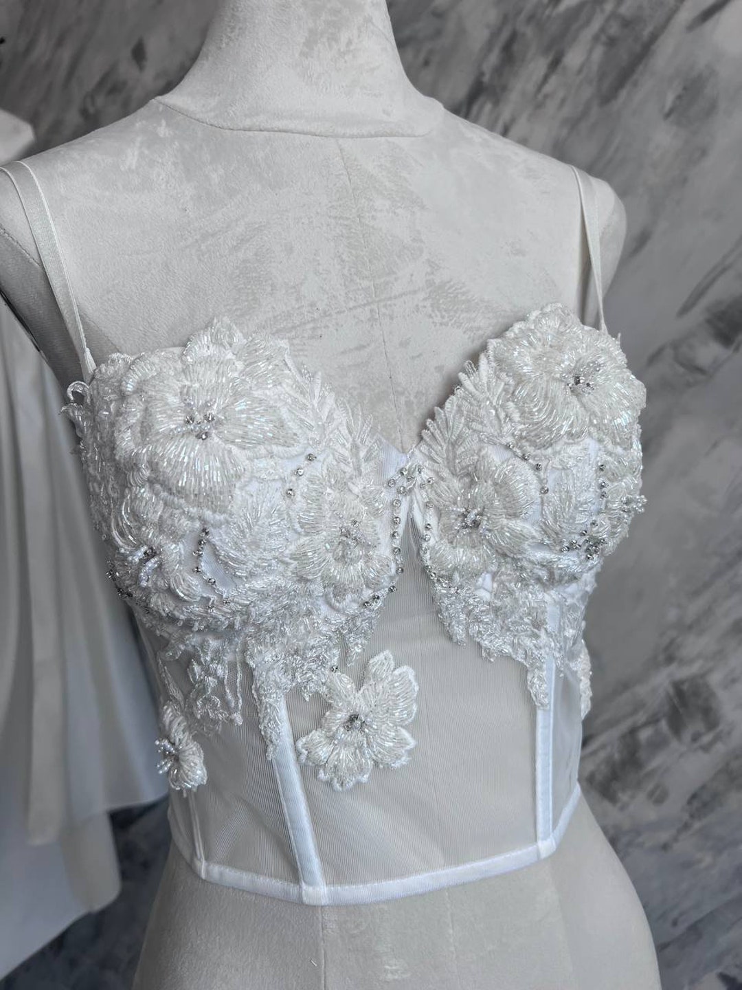 Mesh and Floral Beaded Lace Application Wedding Custom Corset, Hand ...