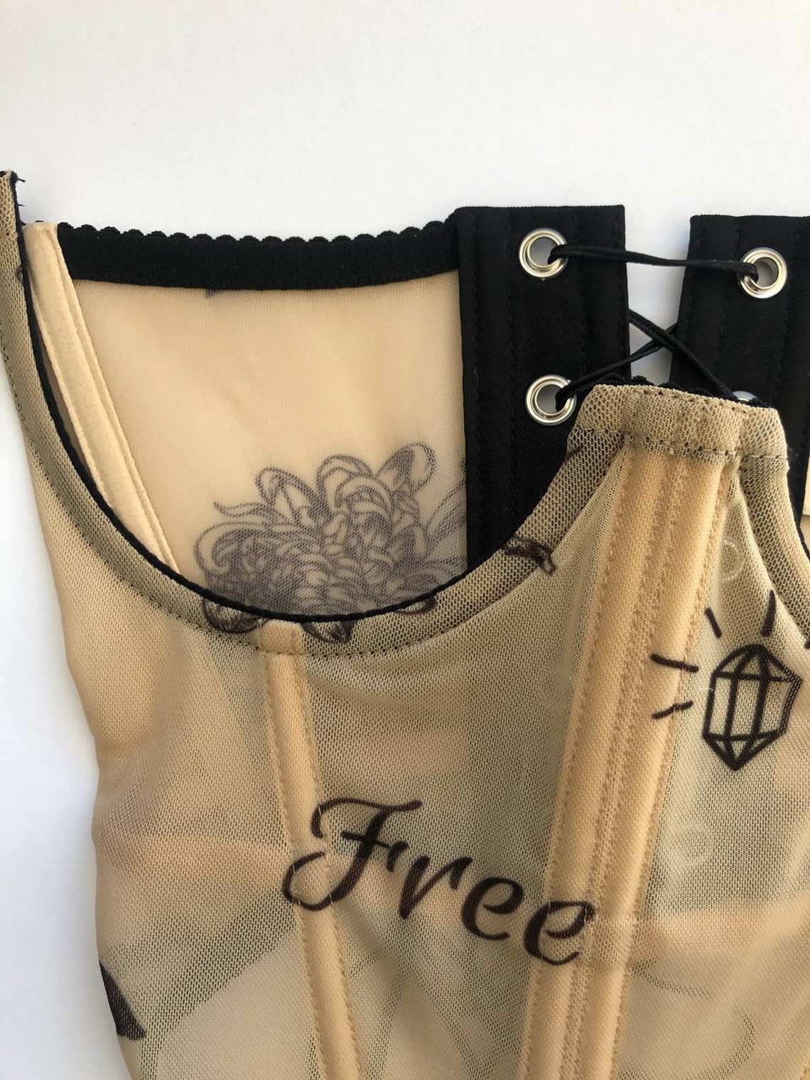 Black and Beige Tattoo Mesh Corset Belt Transparent Tight | Etsy