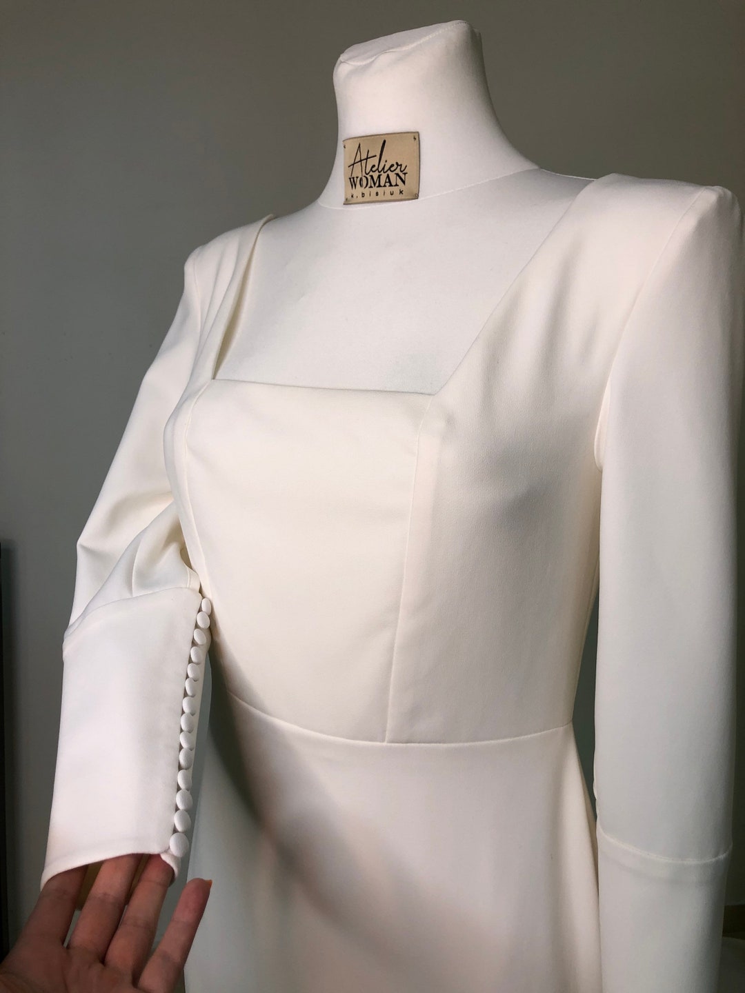 Deep Square Back and Neck Ivory Wedding Dress With Long Fitting Sleeves ...