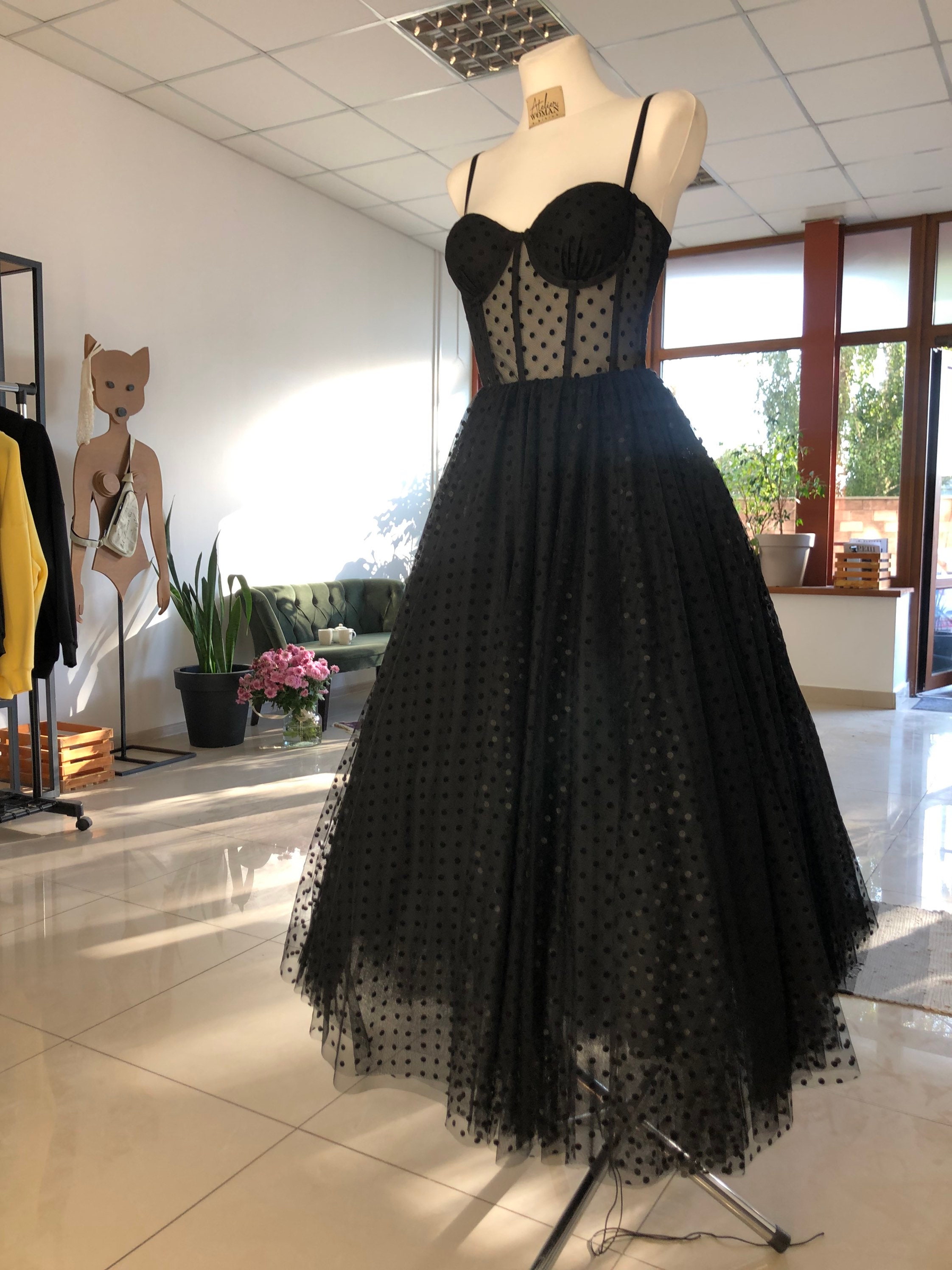 Halloween Black Corset Prom Dress in Small Dots Black Mesh - Etsy