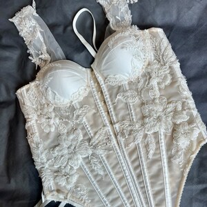 Ivory Mesh Corset Top With Satin Cups, Flower Embroidery White Lacing ...