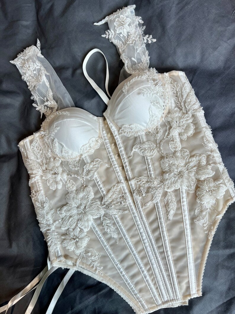 Ivory Mesh Corset Top With Satin Cups Flower Embroidery White - Etsy