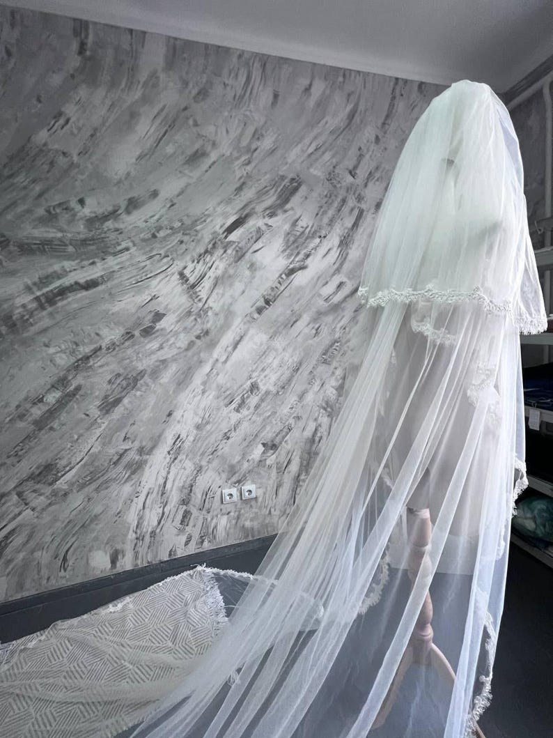 Customer Ivory Long Cathedral Veil, Mesh Veil With Floral Design Near ...