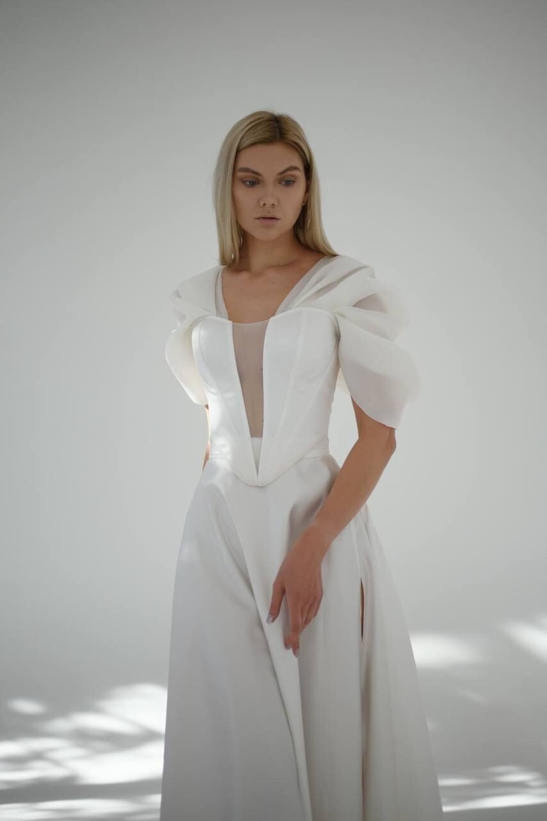 Mesh Wedding Corset Top With Deep Plunge Neck Cut, Ivory Satin Wedding ...