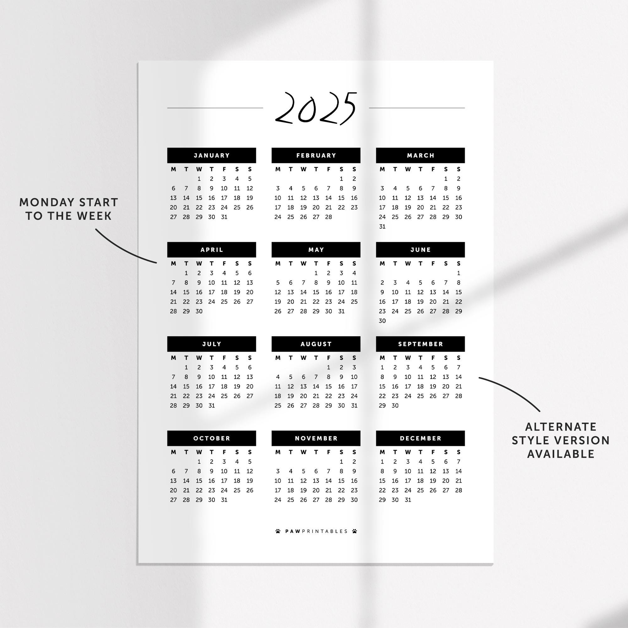 2025 Yearly Calendar | Year-at-a-glance Portrait Printable Calendar ...
