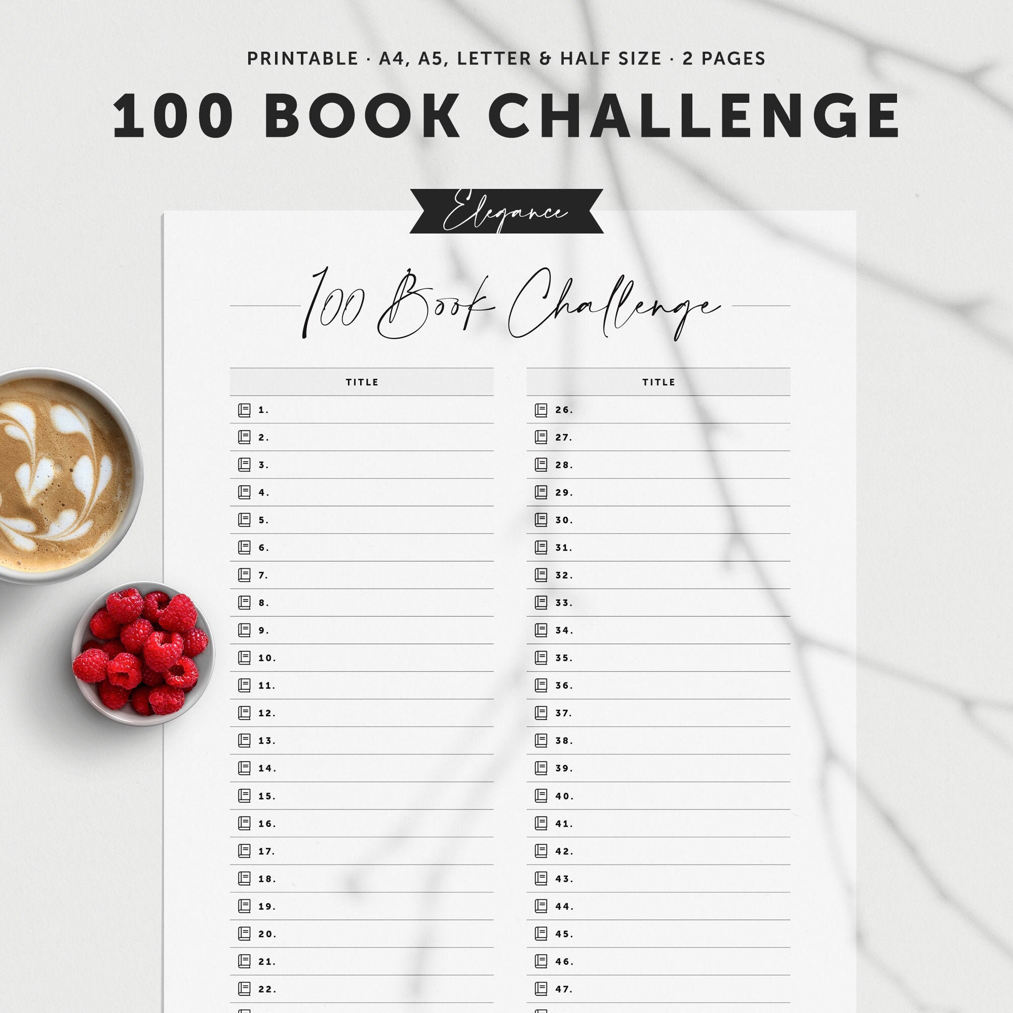 100 Book Challenge Reading Log Book Tracker Printable PDF A4, A5 ...