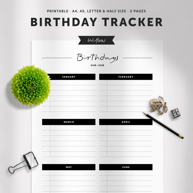 Birthday Tracker | Printable Birthday Calendar PDF | Print A4, A5 ...