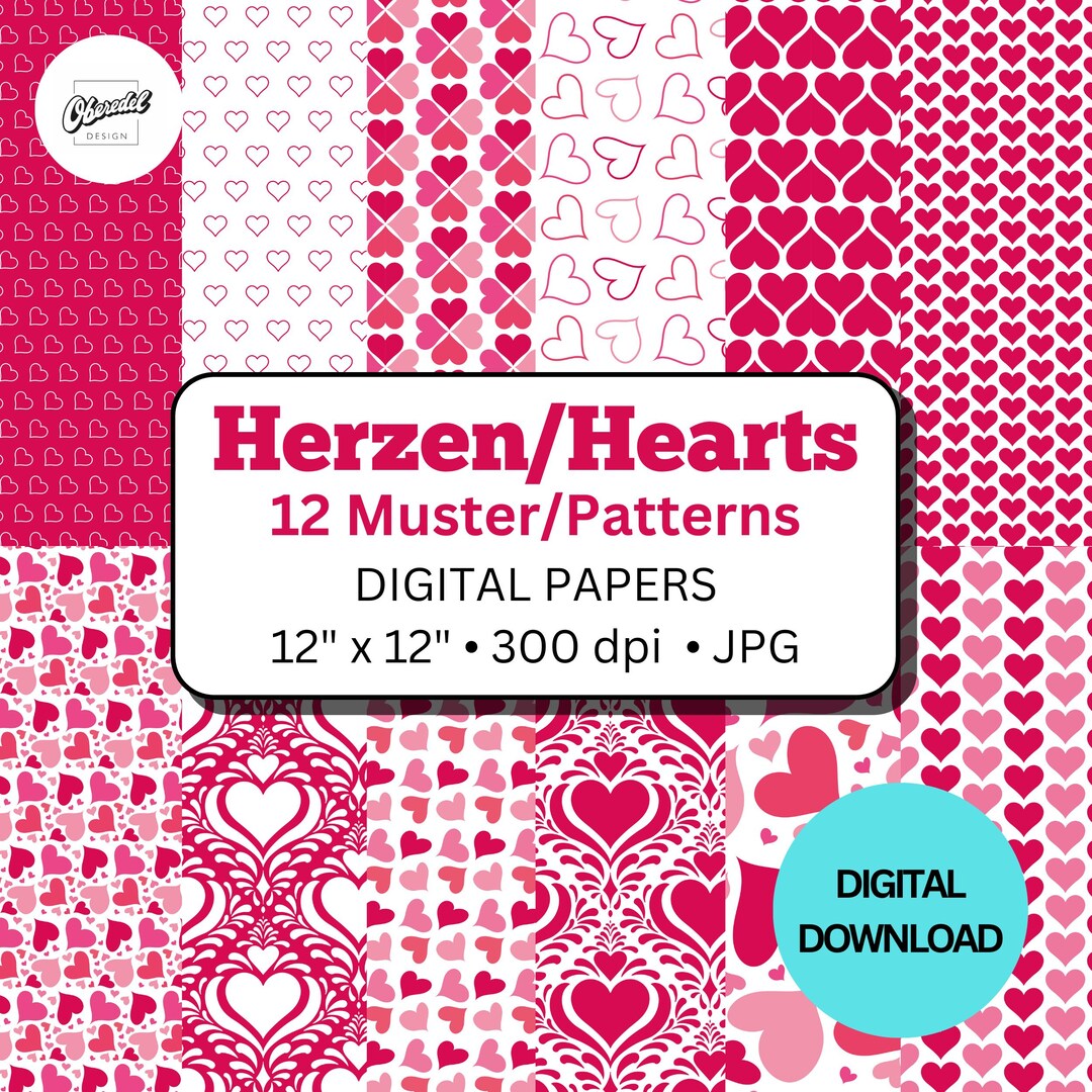 Valentine's Day Digital Papers 12 JPG Heart Patterns, Seamless, 12x12 ...