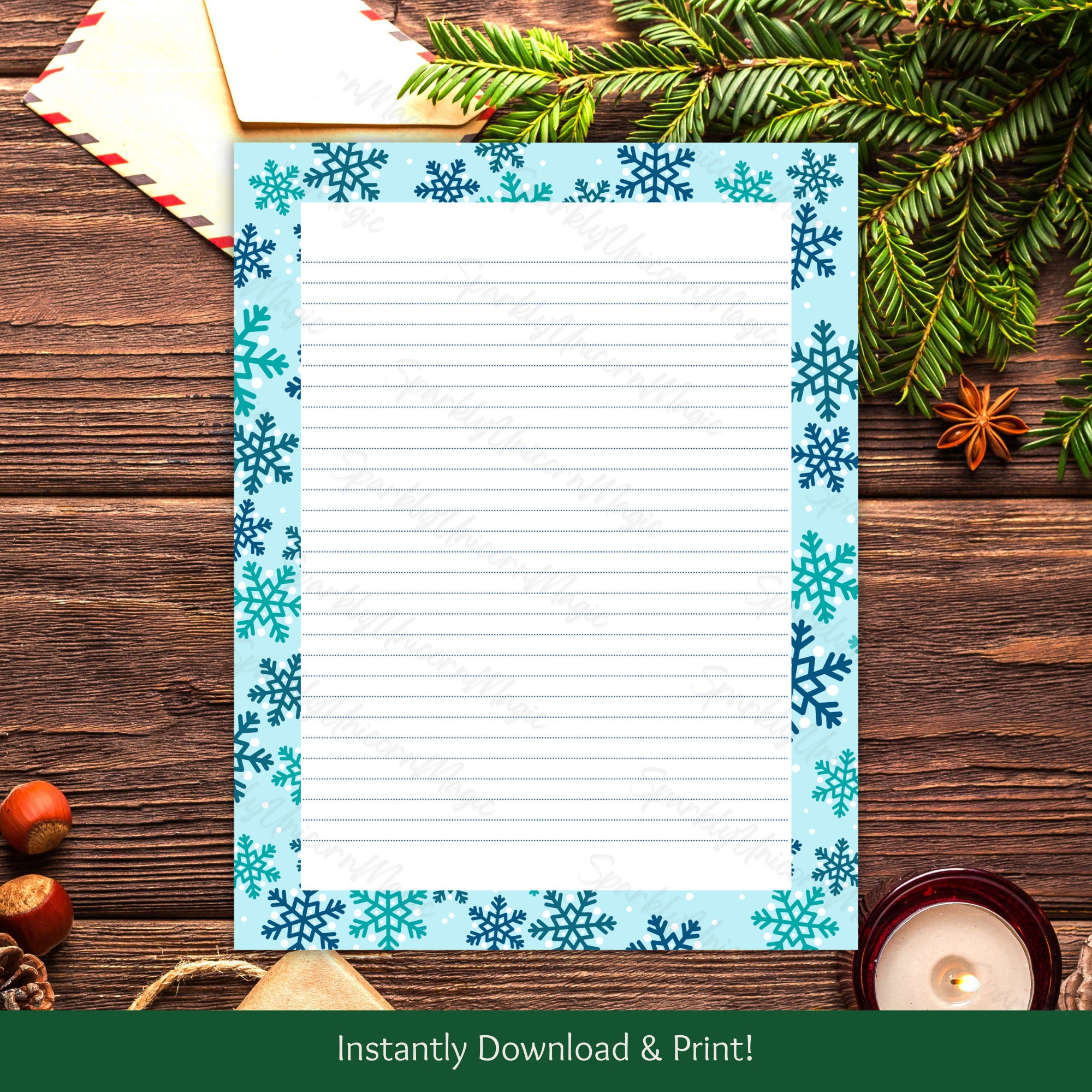 Printable Christmas Stationery Template, Winter Holiday Snowflake ...