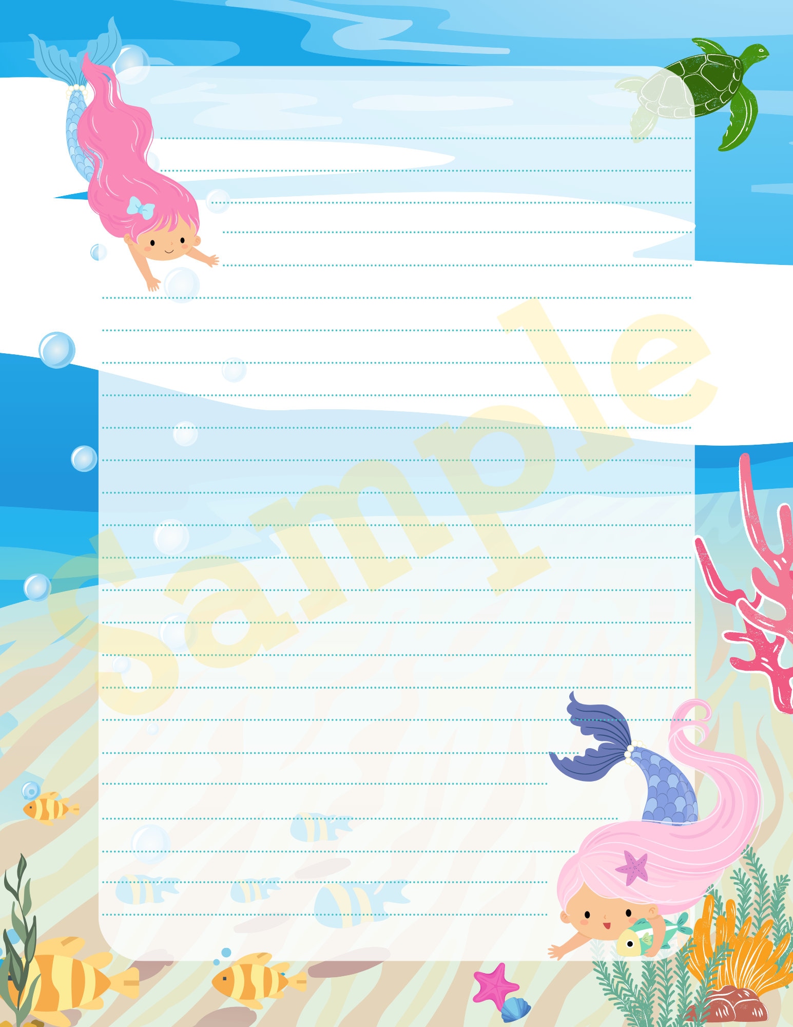 Cute Mermaid Stationery Set, Downloadable Kawaii Digital Stationary ...
