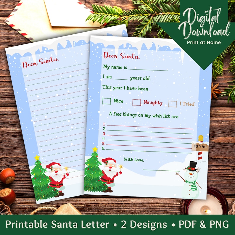 Letter to Santa, Printable Kids Christmas Wish List, Santa Claus Letter ...