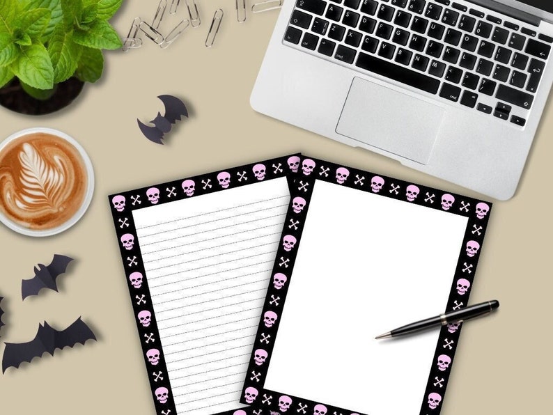 Skull & Crossbones Halloween Stationery Set, Printable Cute Pastel Goth ...