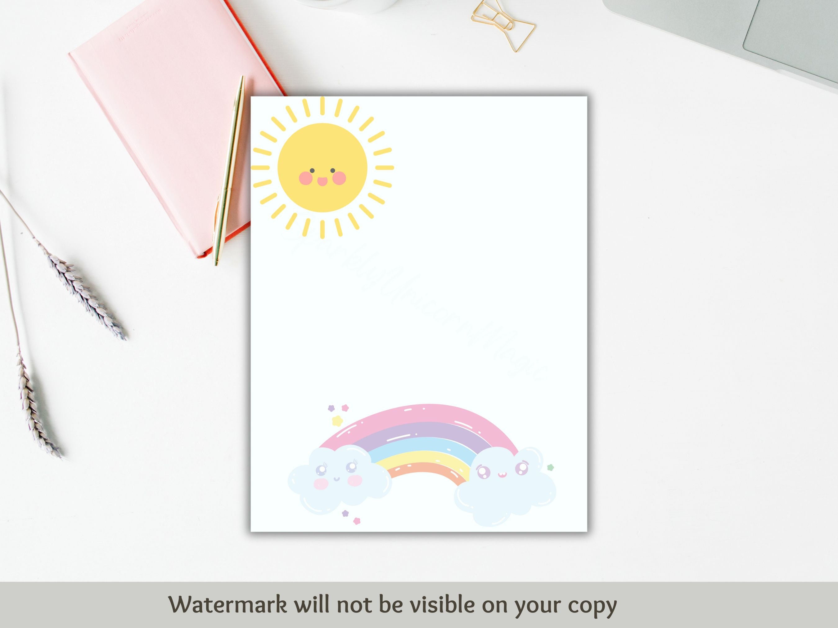 Kawaii Printable Stationery Set, Rainbow Stationery Printable, Lined ...