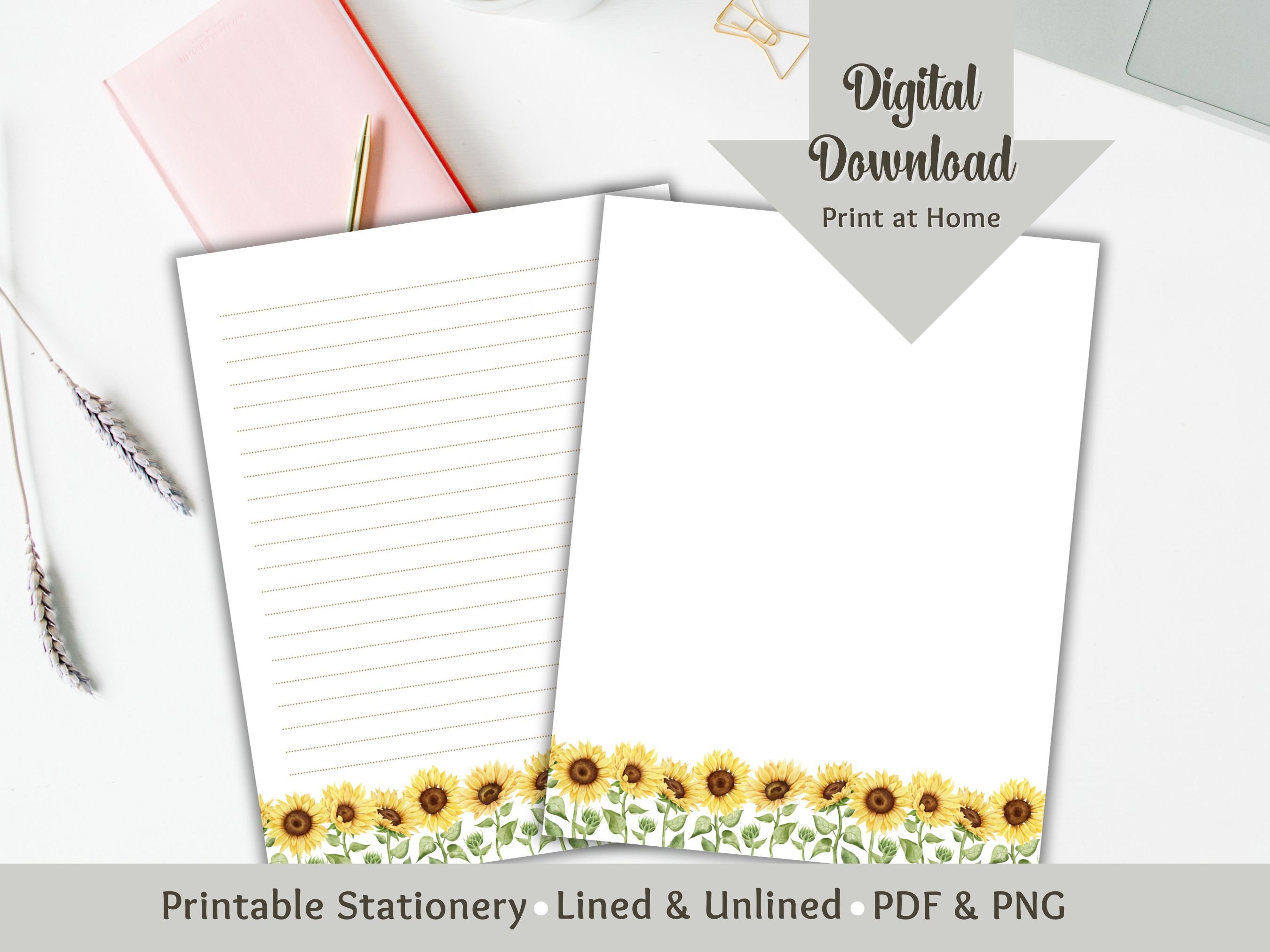 Floral Stationery Printable Letter Writing Paper Sunflower Stationery ...