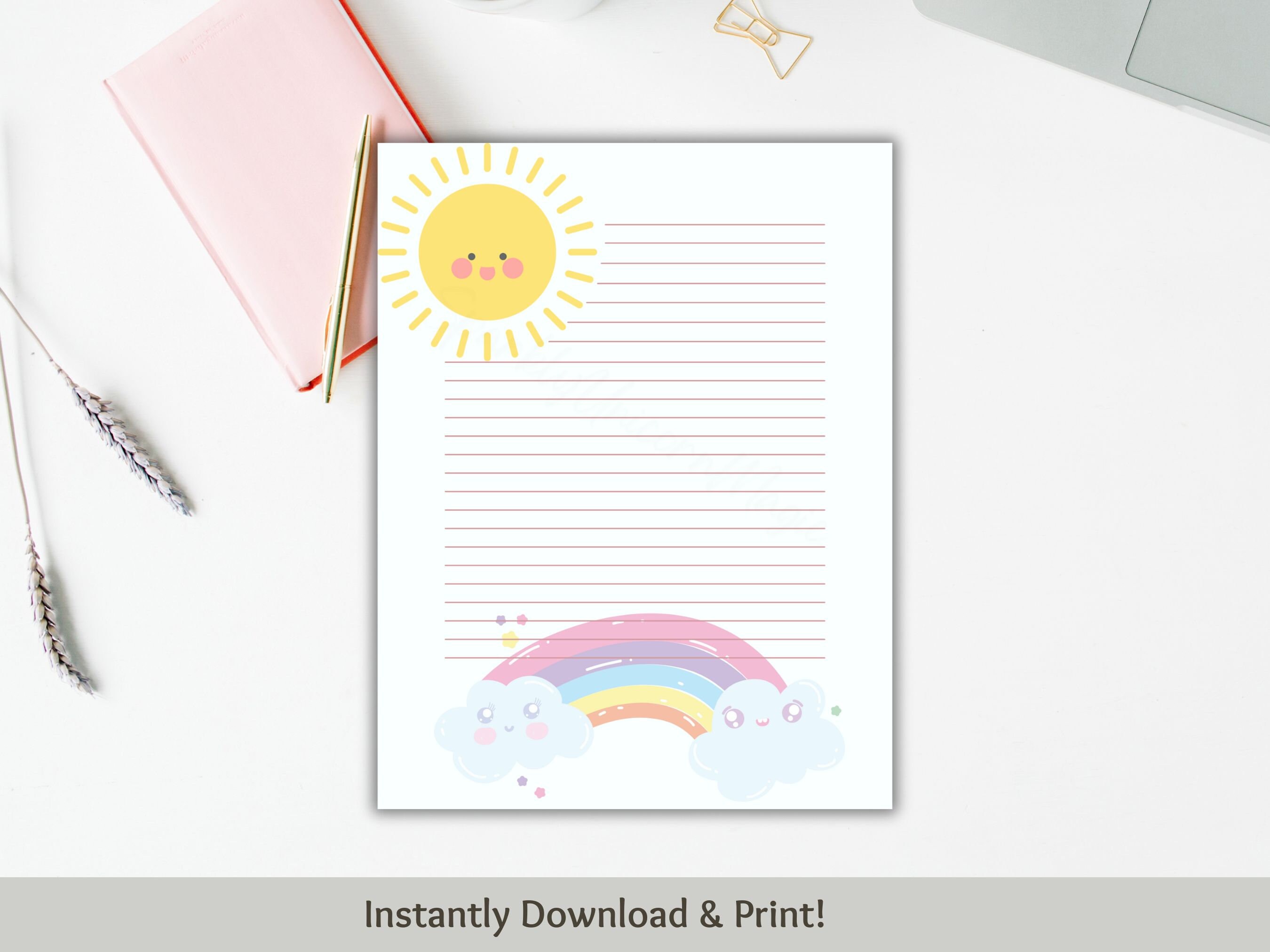 Kawaii Printable Stationery Set, Rainbow Stationery Printable, Lined ...