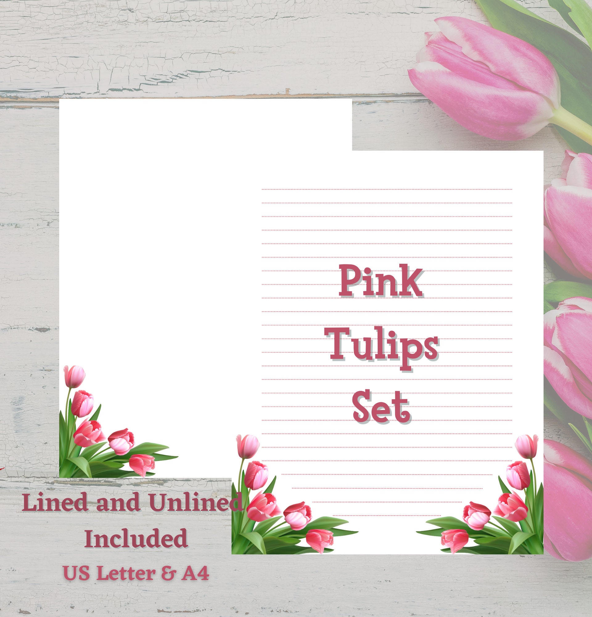 Pink Tulip Stationery Printable Spring Paper Floral Writing Paper Lined ...