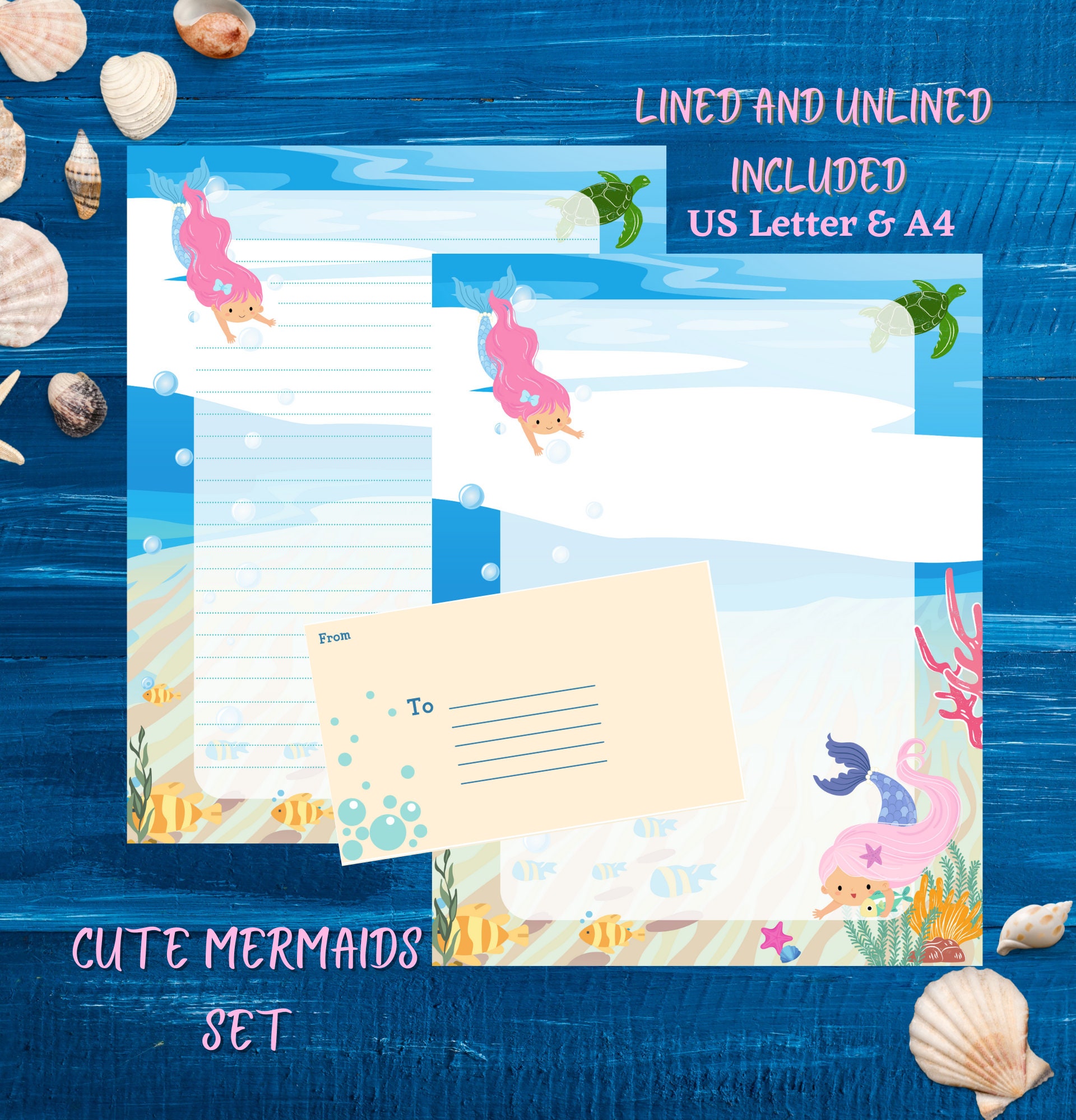 Cute Mermaid Stationery Set, Downloadable Kawaii Digital Stationary, Printable Letter Writing ...