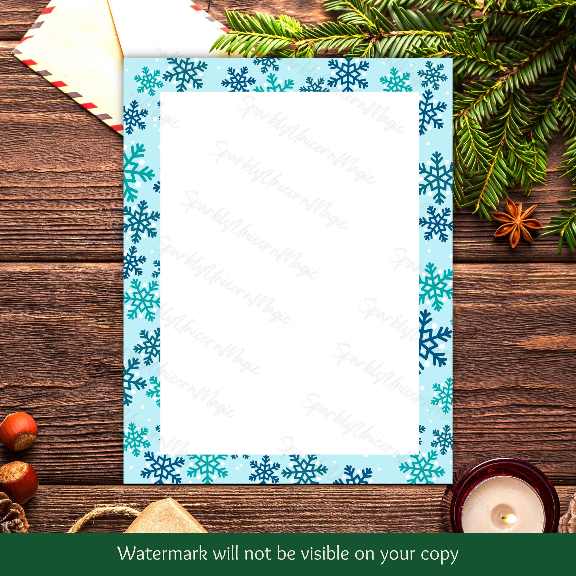 Printable Christmas Stationery Template, Winter Holiday Snowflake ...
