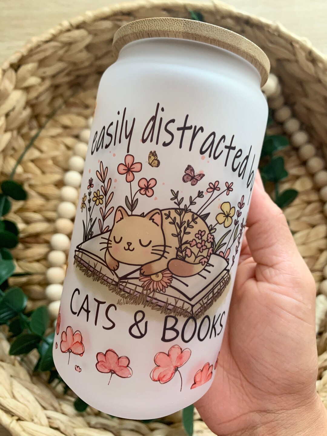 Personalized Cat & Book Frosted Can Glass Cup, Easily Distracted by ...