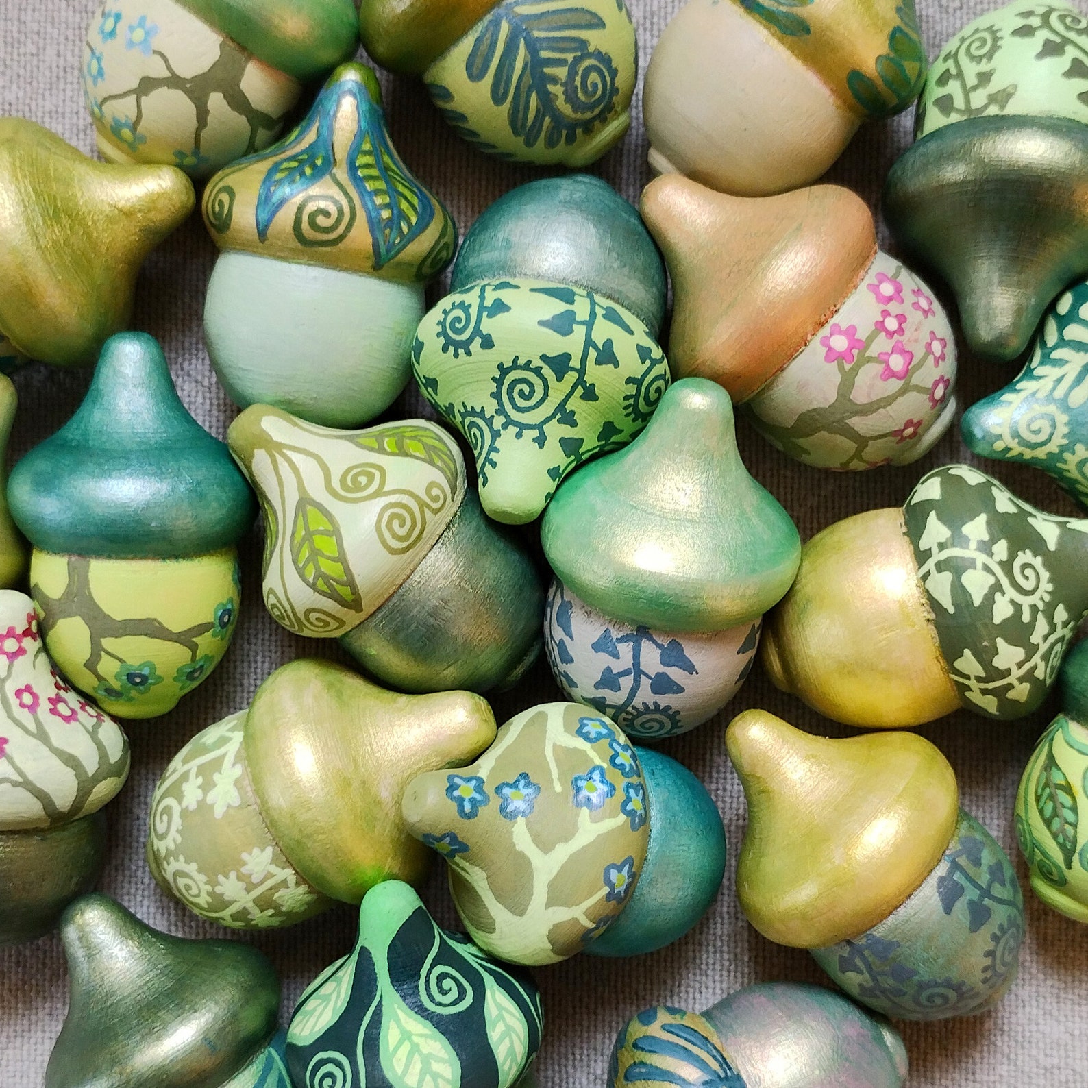 4 Hand Painted Wooden Acorns, Botanical Themes, Randomly Selected, All ...
