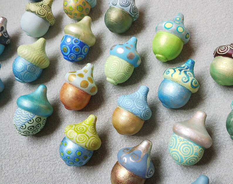 4 Hand Painted Wooden Acorns, Cool Colours, Randomly Selected, All ...