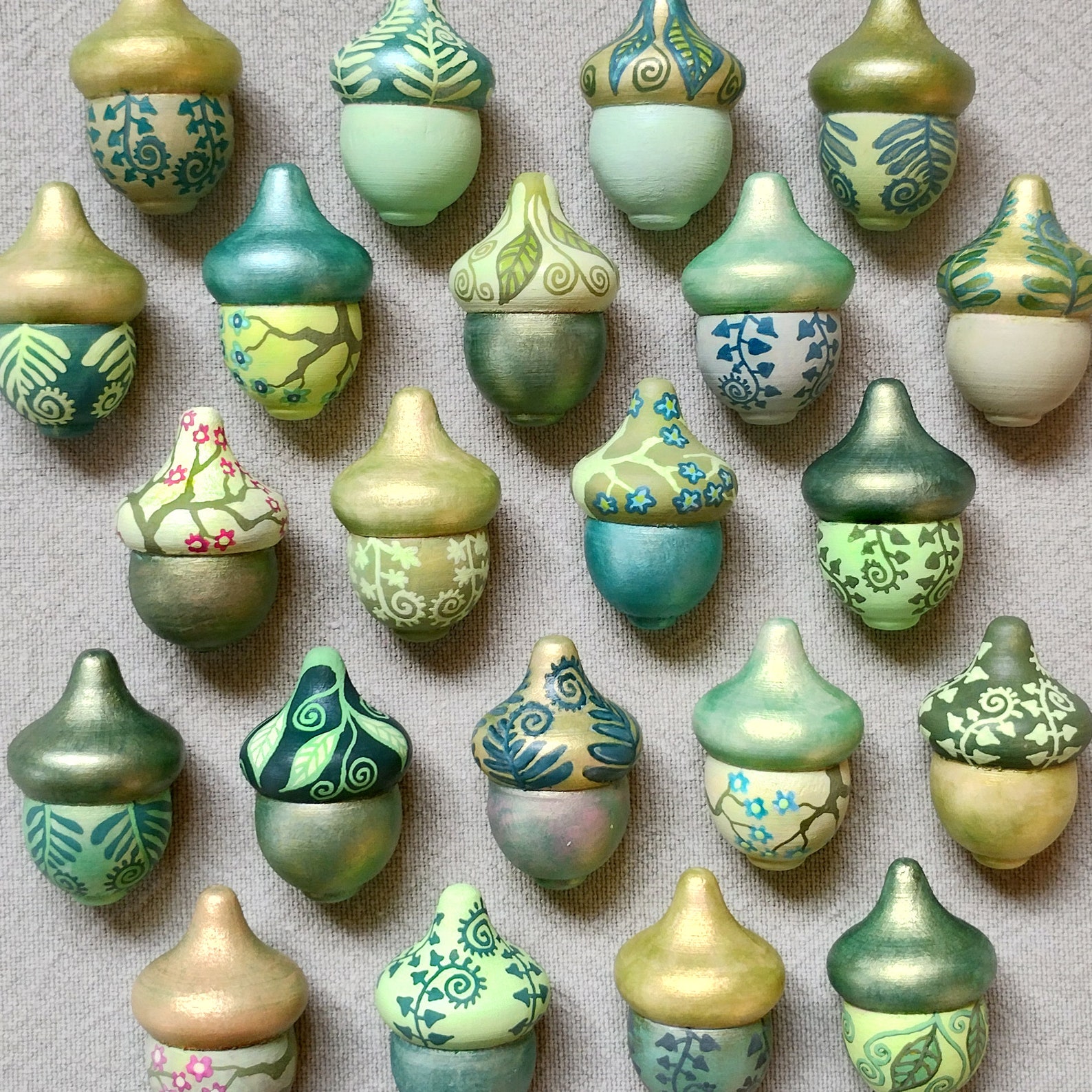 4 Hand Painted Wooden Acorns, Botanical Themes, Randomly Selected, All ...