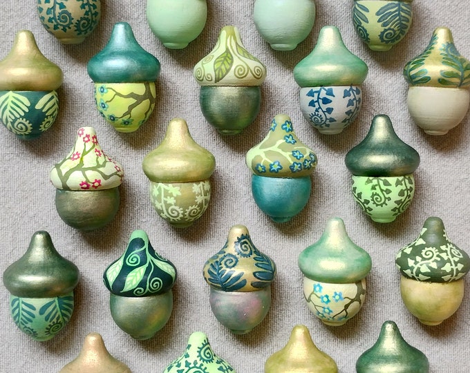 4 Hand Painted Wooden Acorns, Botanical Themes, Randomly Selected, All ...