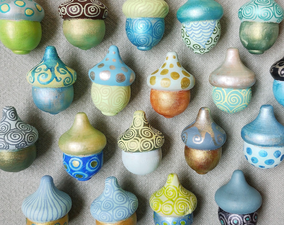 4 Hand Painted Wooden Acorns, Cool Colours, Randomly Selected, All ...