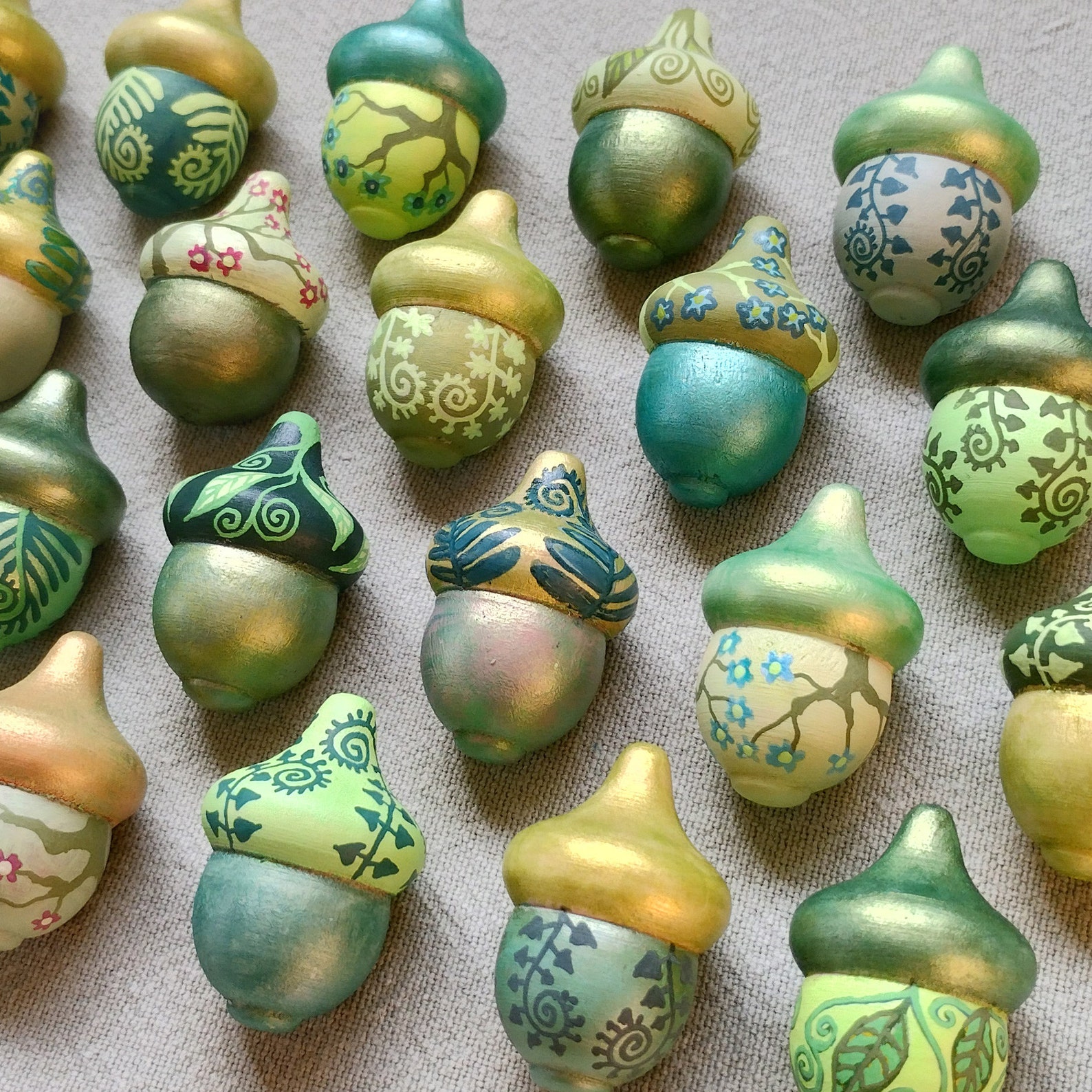 4 Hand Painted Wooden Acorns, Botanical Themes, Randomly Selected, All ...
