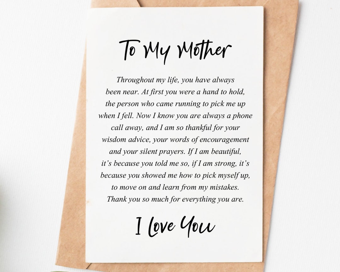 To My Mother Card, Mothers Day Card, I Love You Card for Mom, Mom ...