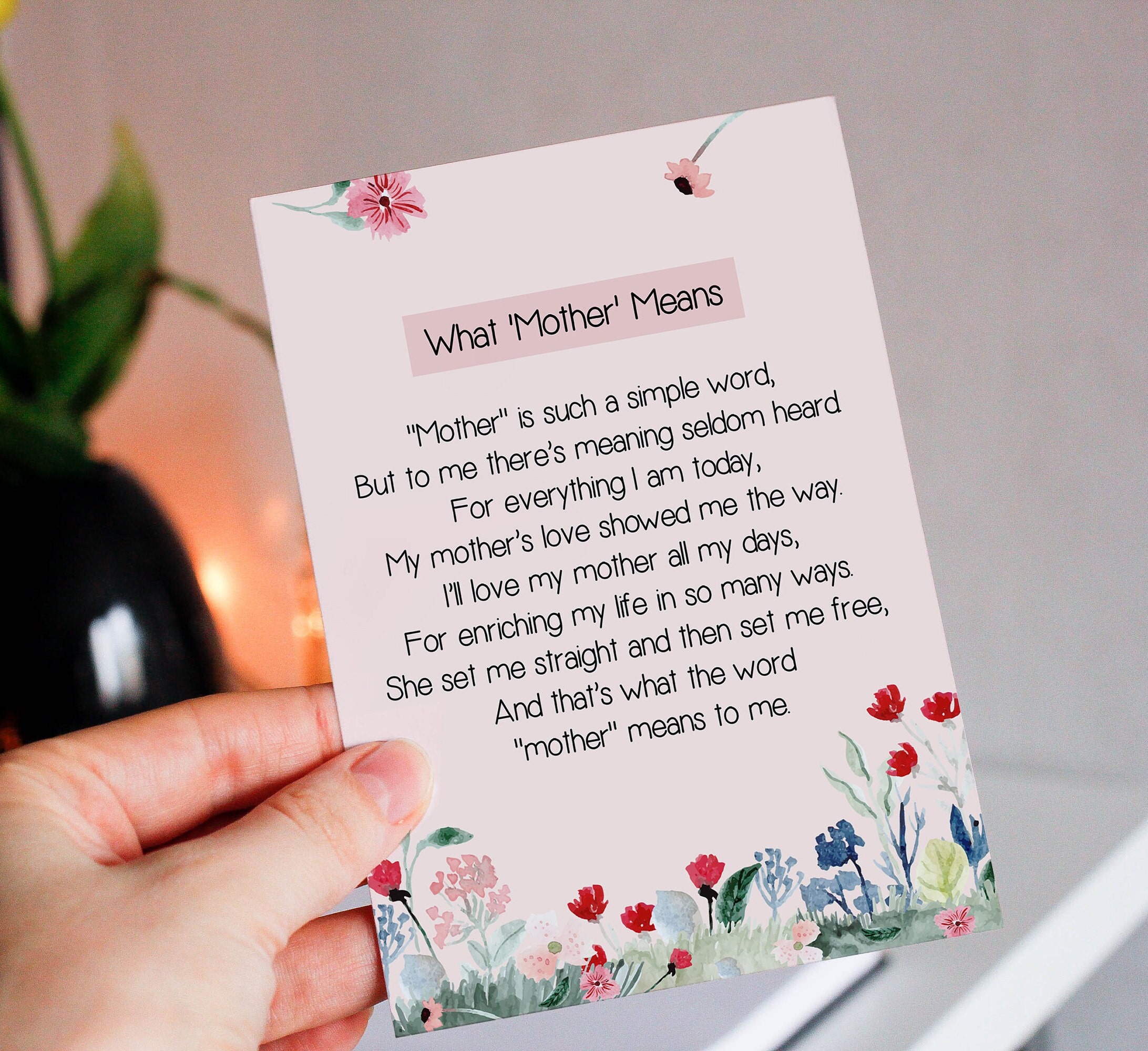 Floral Poem Card for Mom Mothers Day Card What Mother Means - Etsy