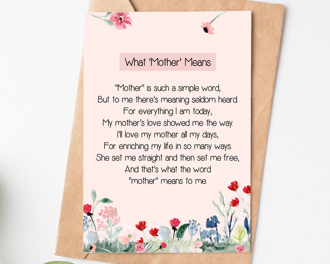 Floral Poem Card for Mom, Mothers Day Card, What Mother Means, Mom ...