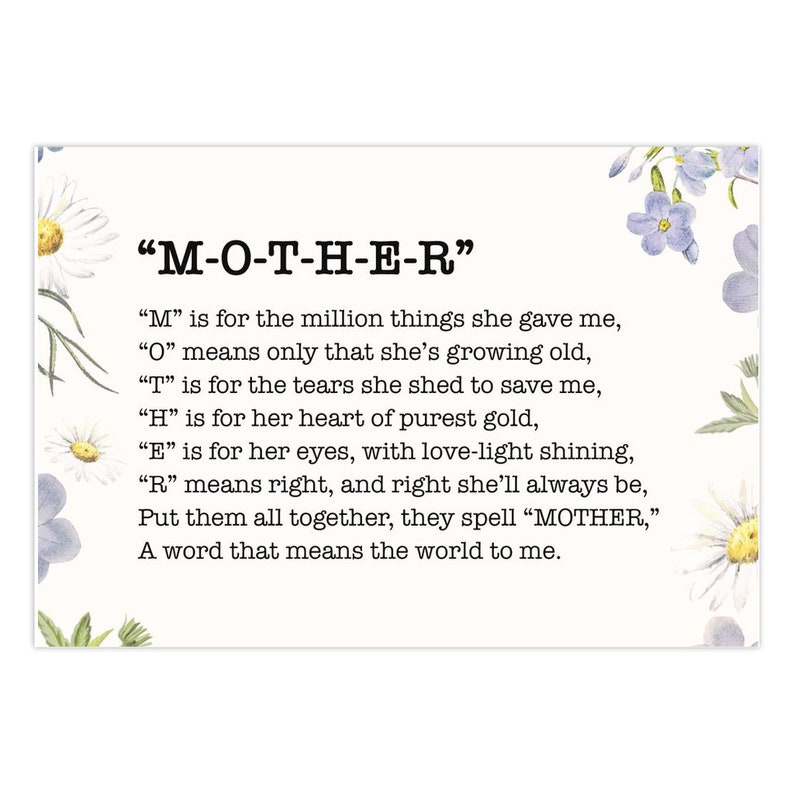 M-O-T-H-E-R Poem Floral Card Mom Birthday Card Mothers Day - Etsy
