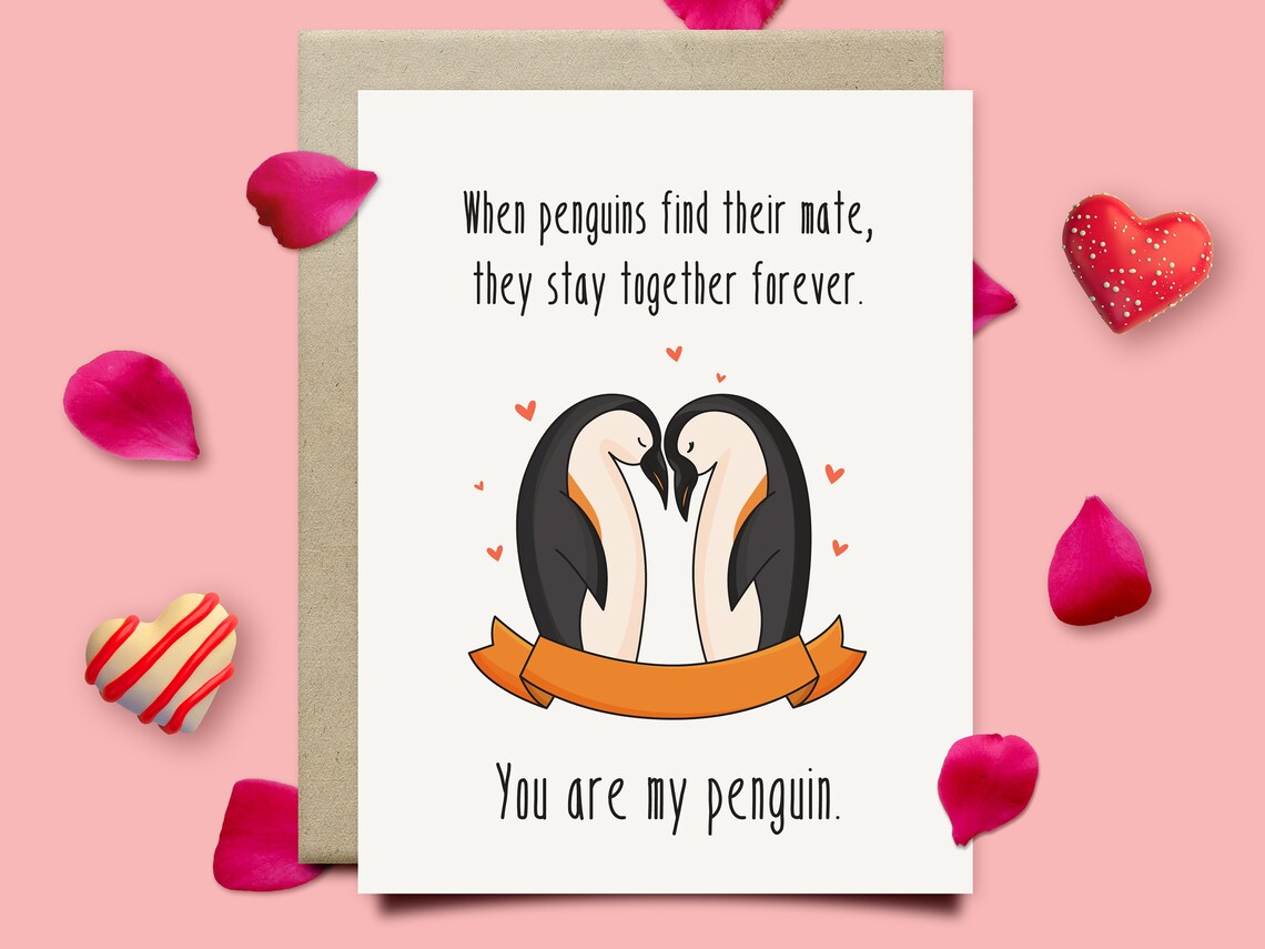 Penguin Romantic Valentines Day Card Valentines Day Gift for - Etsy