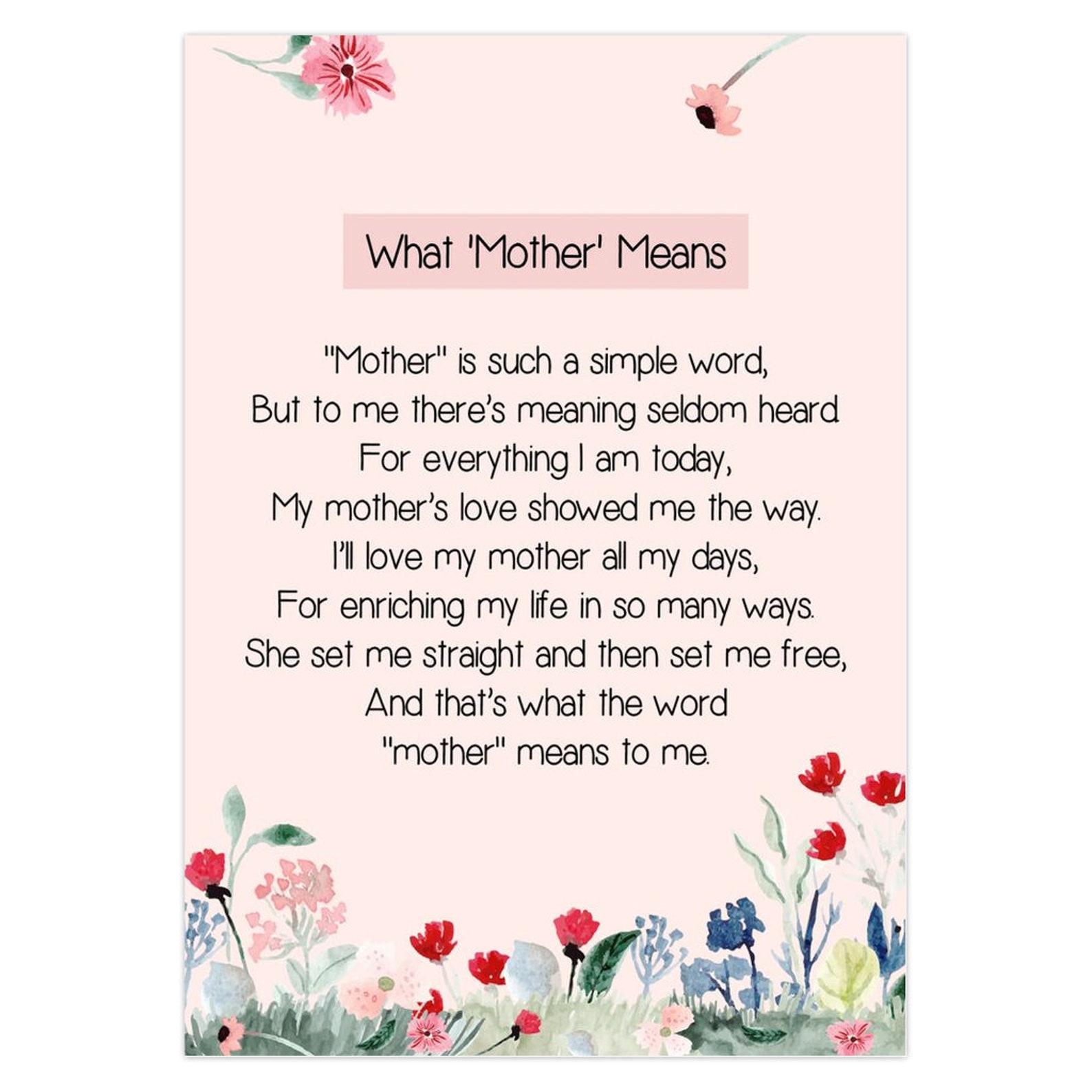 Floral Poem Card for Mom Mothers Day Card What Mother Means - Etsy