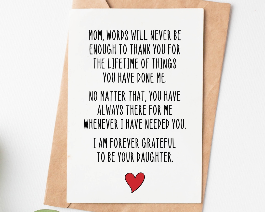 Thank You Card for Mom, Mothers Day Card From Daughter, Mom Birthday ...