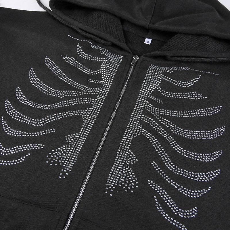 Y2K Rhinestone Skeleton Hoodie Zip up Trendy Oversized Designer Sweatshirt - Etsy