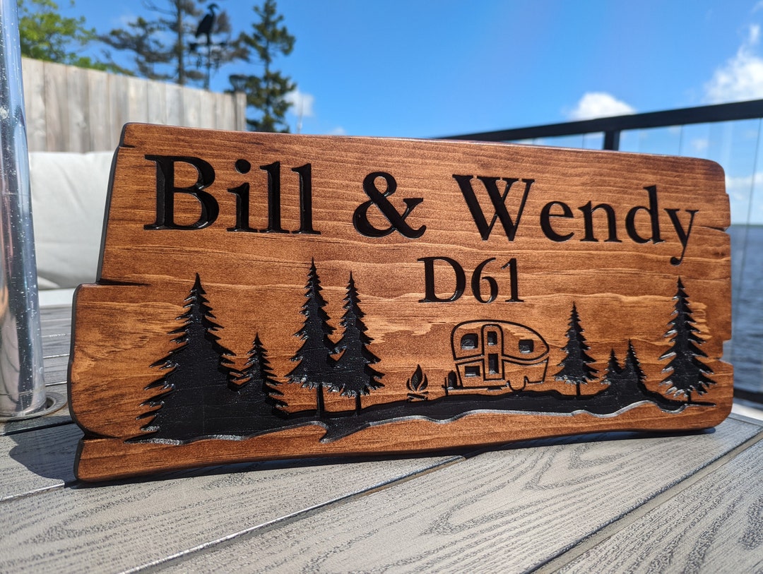 Personalized Rustic Trailer Carved Outdoor Sign With Camper and Trees ...