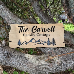 Personalized Rustic Carved Outdoor Sign With Mountains and Trees ...