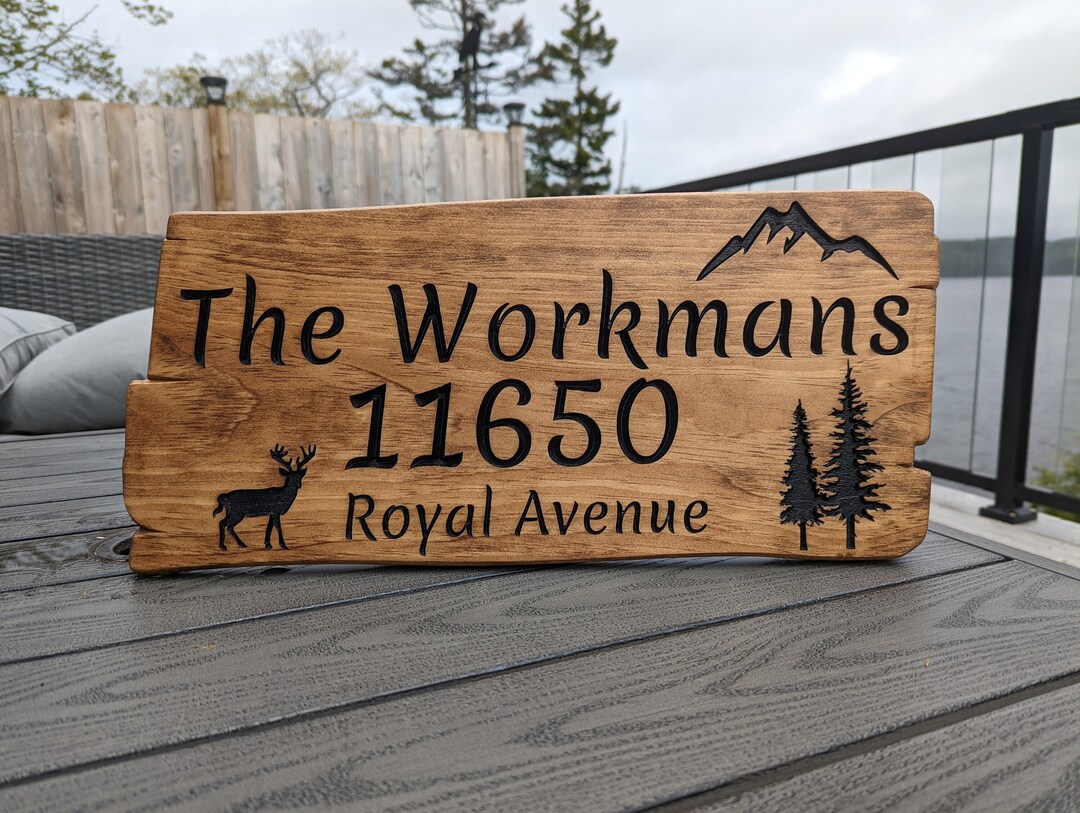 Personalized Rustic Carved Outdoor Sign With Mountain Trees Deer ...