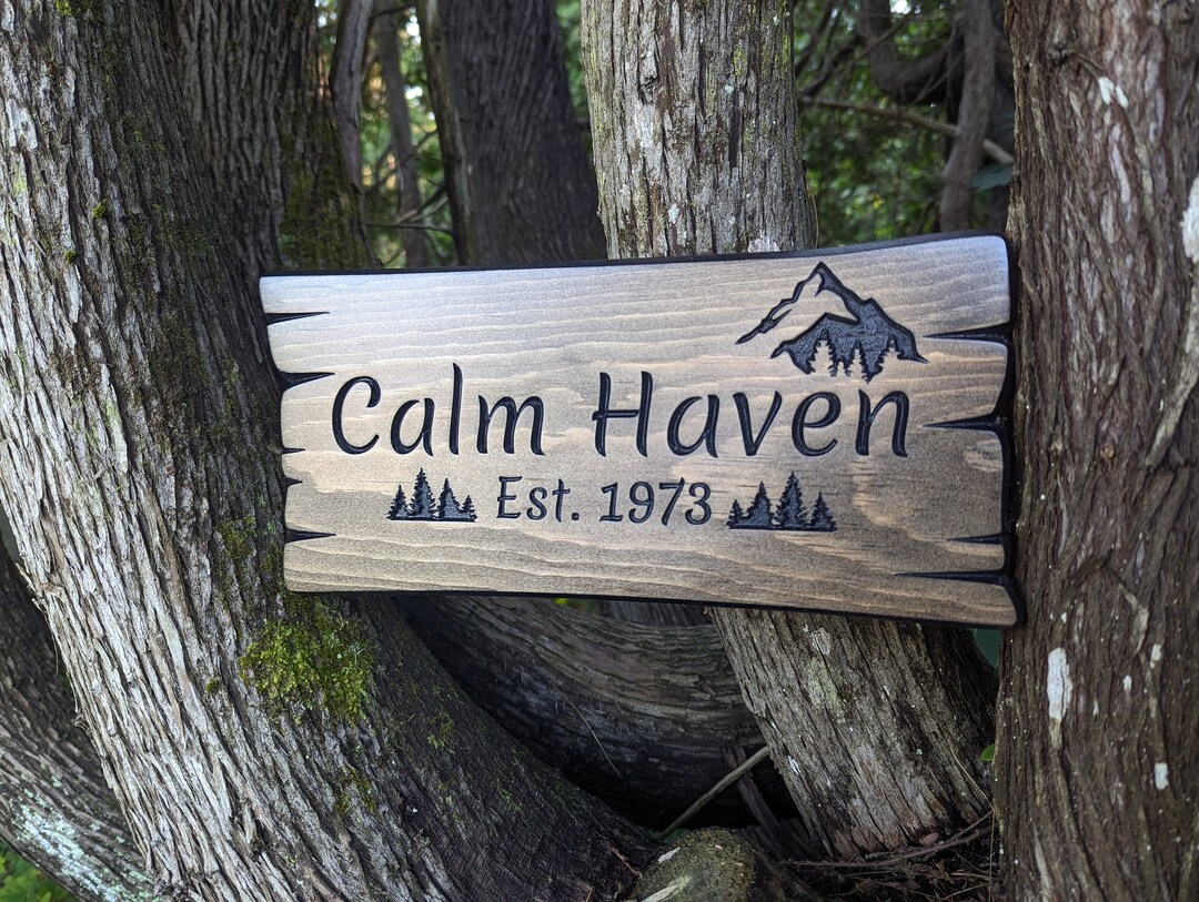 Personalized Rustic Carved Outdoor Sign Trees Mountains Worn Edges ...