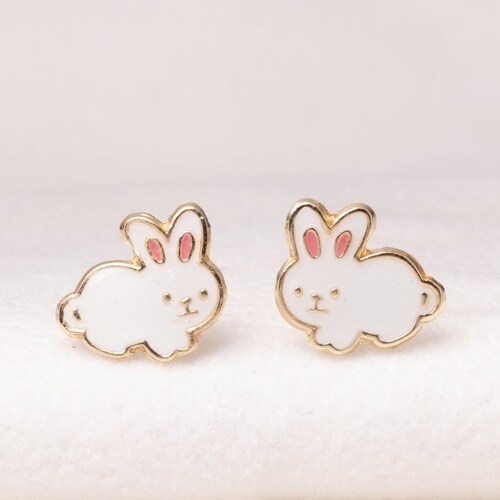 14k Solid Gold Rabbit Earrings Stud - Etsy