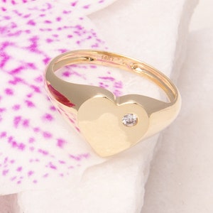 Heart Signet Ring, 14K Solid Gold, Custom Statement Ring, CZ Heart Ring, Love You Ring ...
