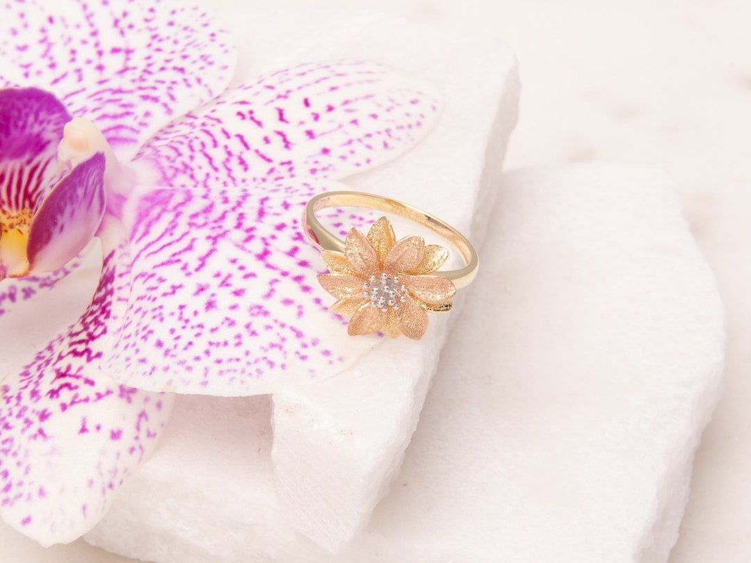 Gold Floral Ring, Three Tone Gold Ring, Unique Flower Shape Ring, Gold ...