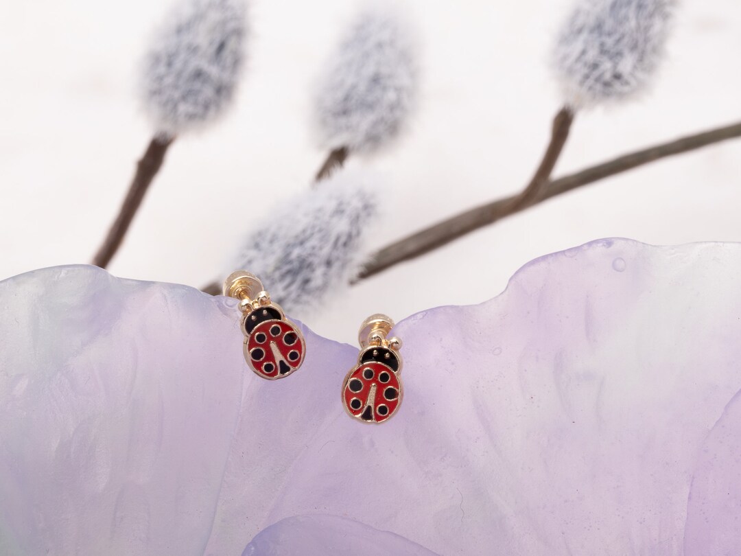 Lady Bug Earrings, Real Gold Earrings, Red Stud Earrings, Gift for Her ...