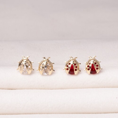 14K Solid Gold Ladybug Earrings - Etsy